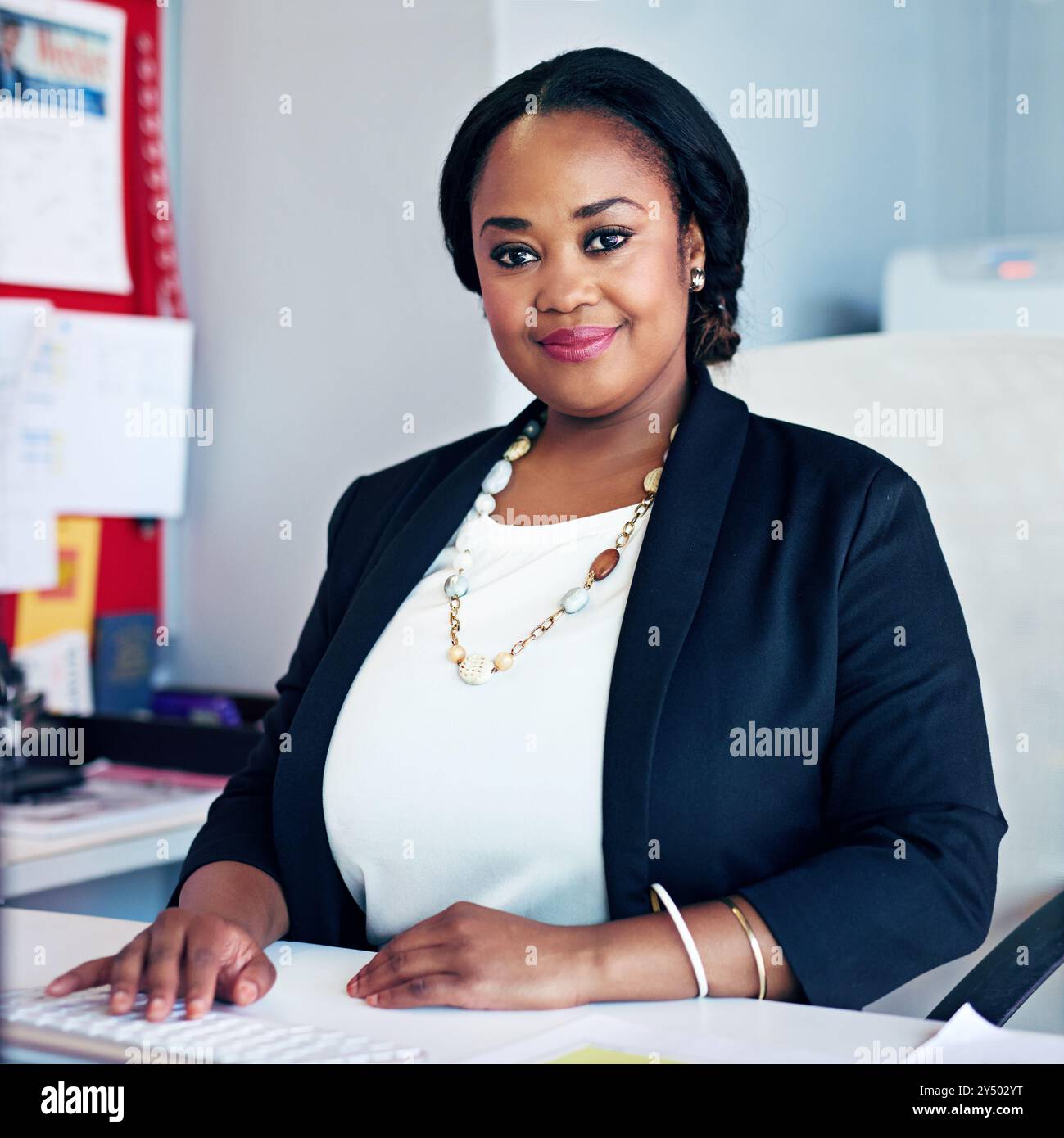 Portrait, business and black woman with computer in office as ...