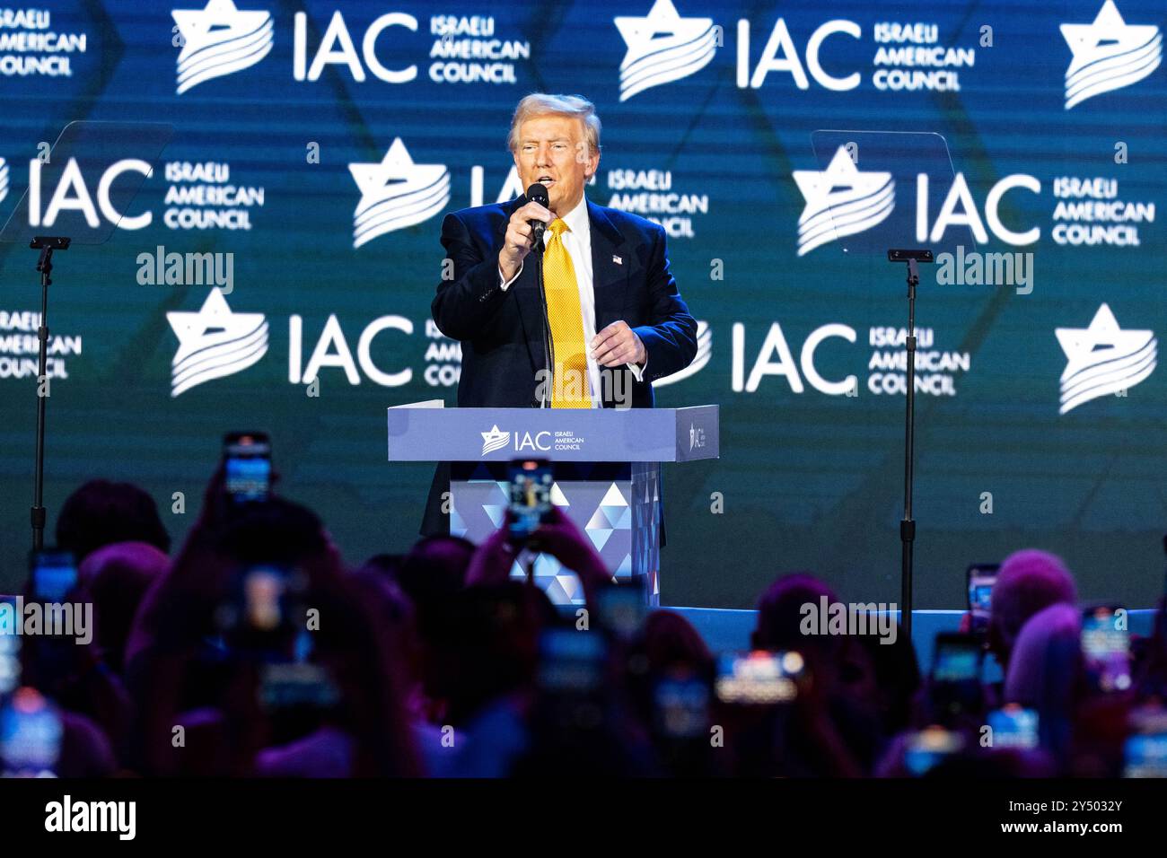 Former President Donald Trump speaking at the Israeli-American Council ...