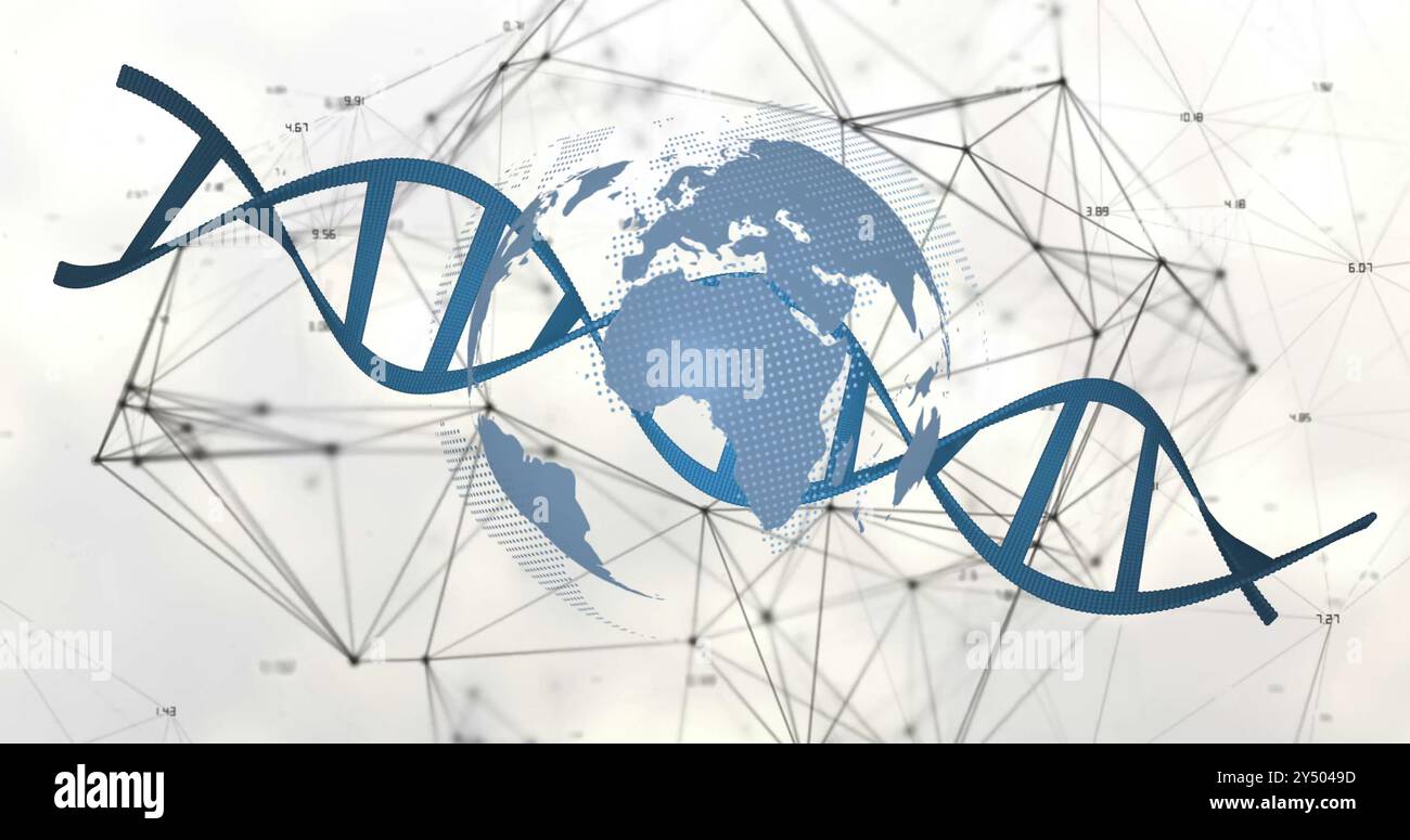 Image of globe and dna strand over network of connections on white ...