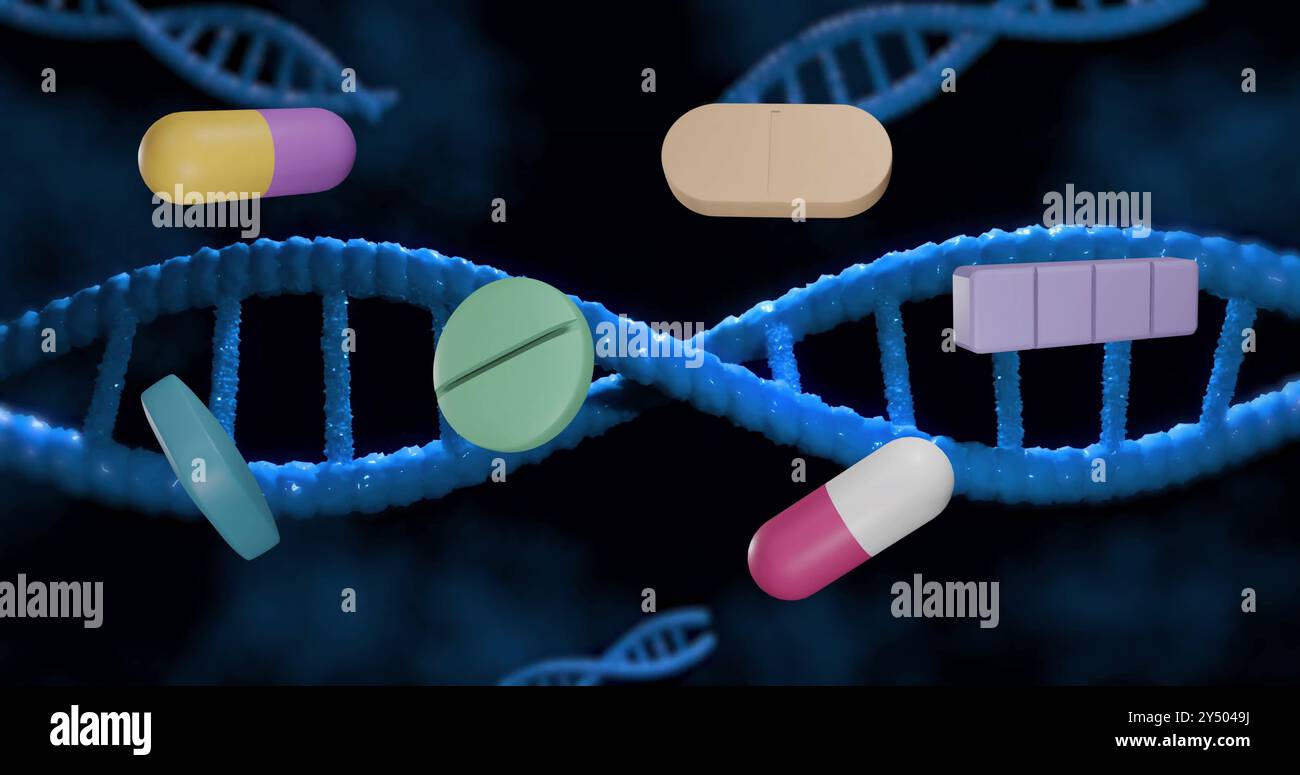 Image of pills medication over dna strands spinning Stock Photo - Alamy