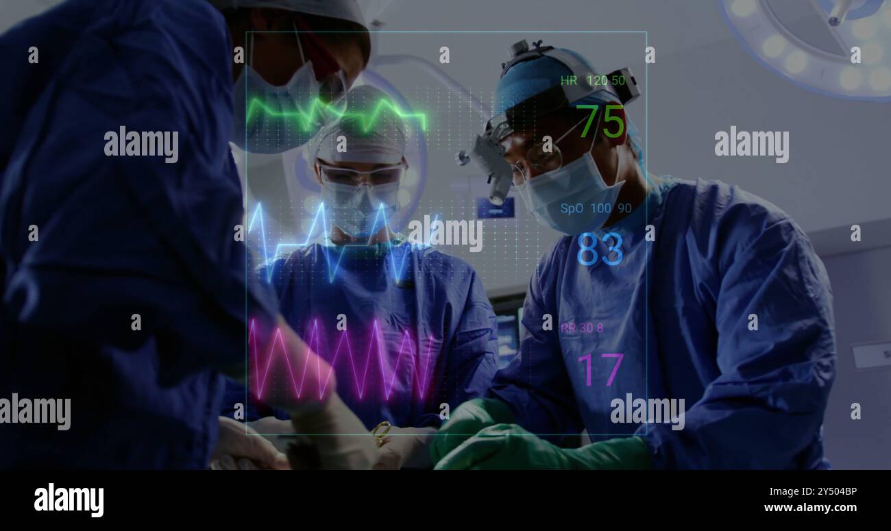 Medical team performing surgery with vital signs monitoring image over ...