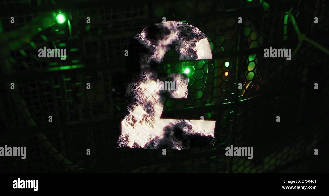 Pound sterling symbol with smoke effect image over dark green ...