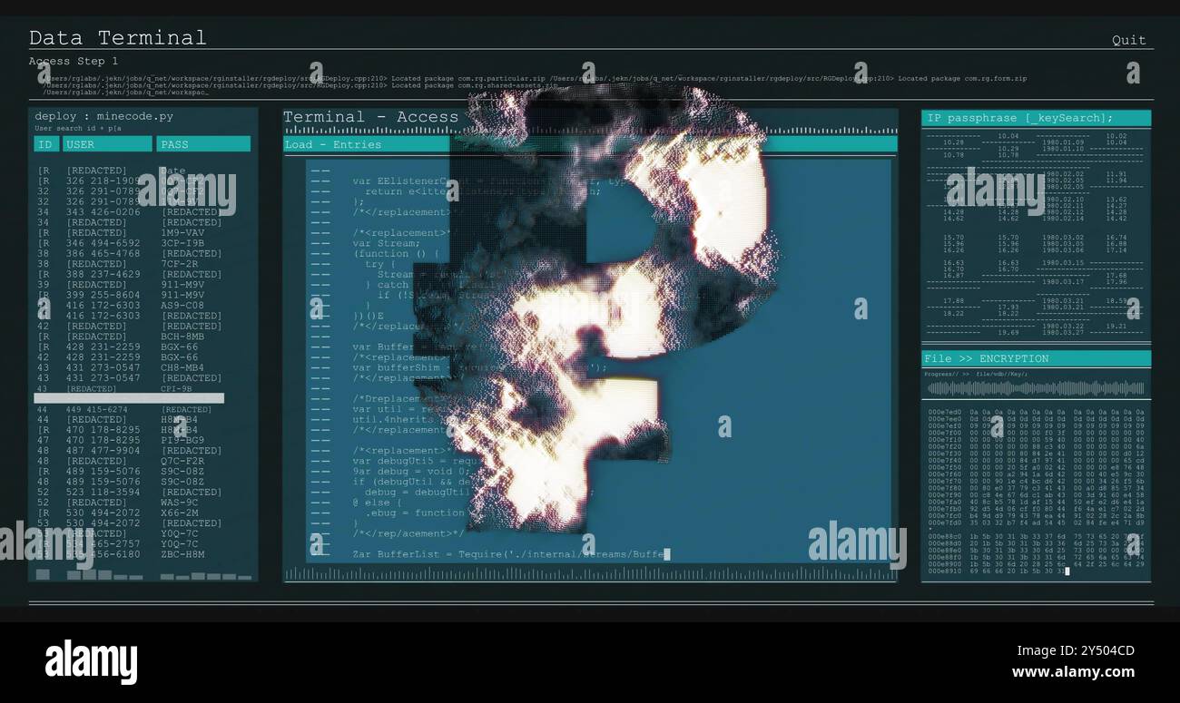 Data terminal screen with encryption code image over terminal access interface Stock Photo - Alamy