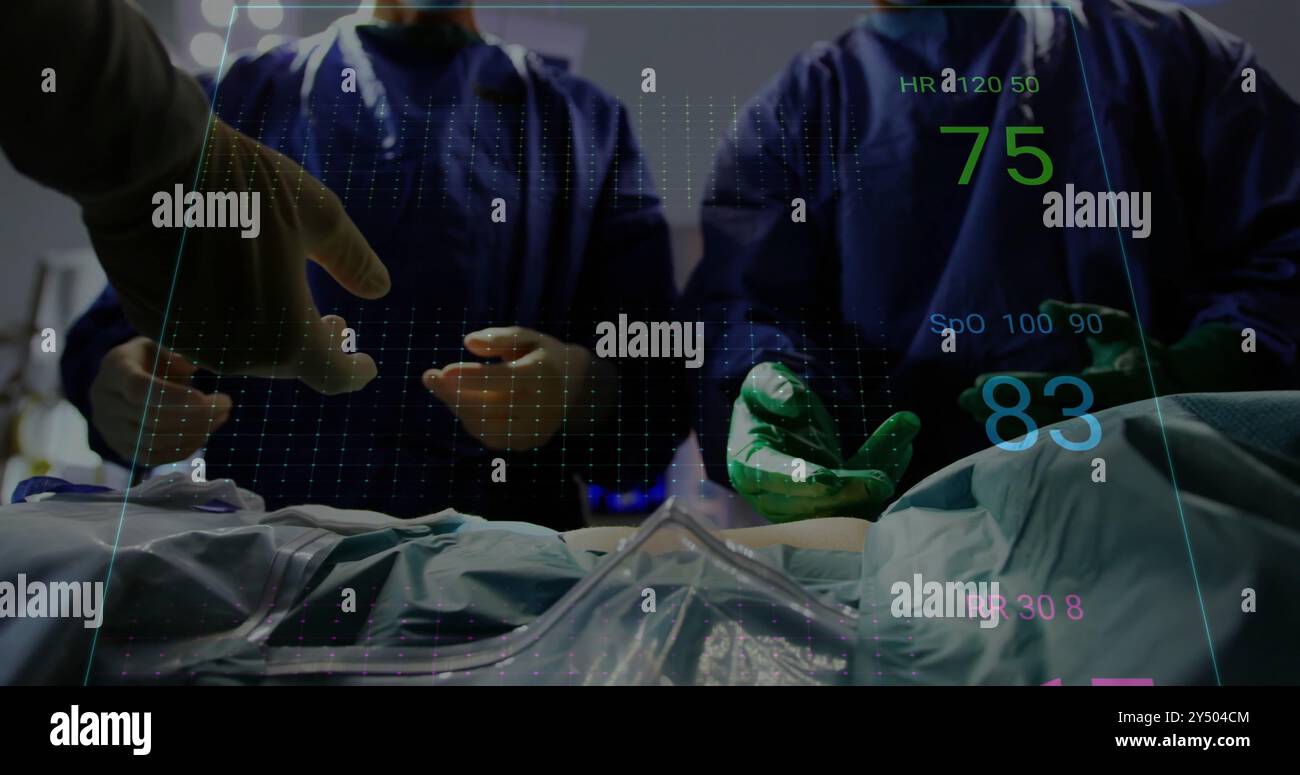 Medical team performing surgery with vital signs monitoring image over ...