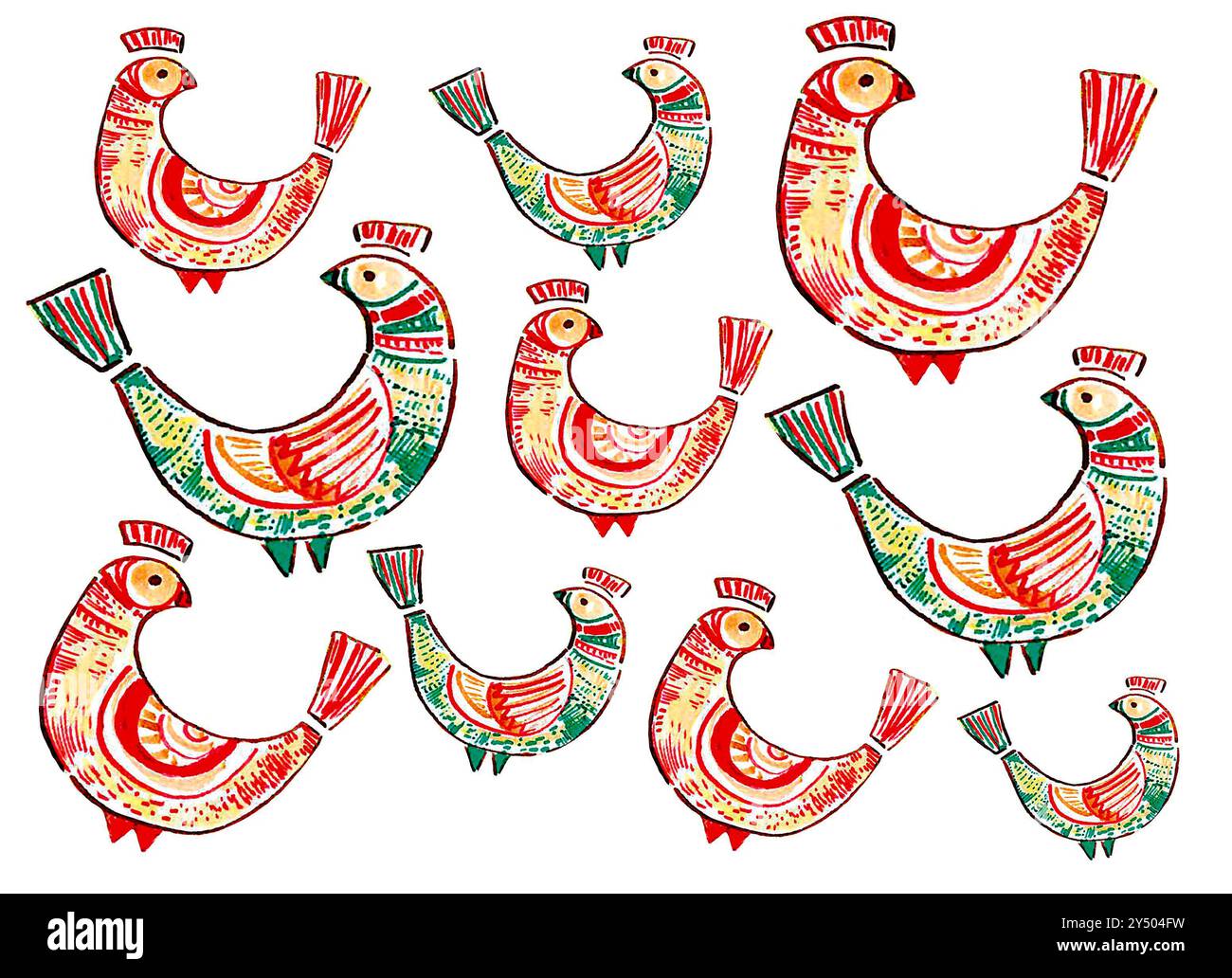 A set of decorative birds of different sizes. Isolated on white ...