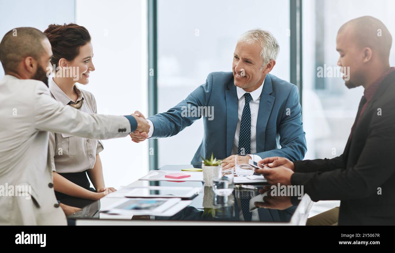 CEO, business people and handshake for partnership offer, crm or ...