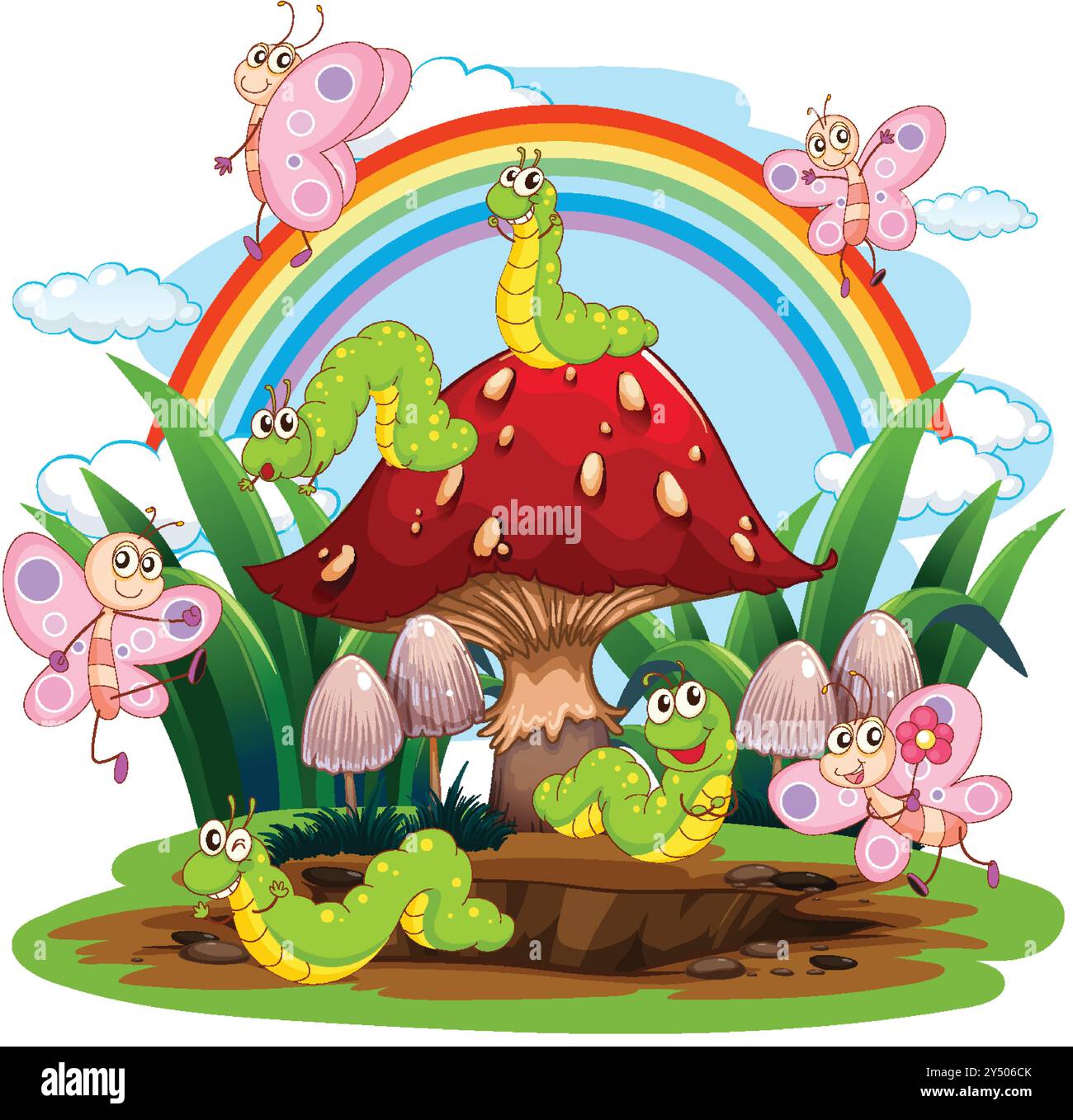 Caterpillars and butterflies around a mushroom Stock Vector Image & Art ...