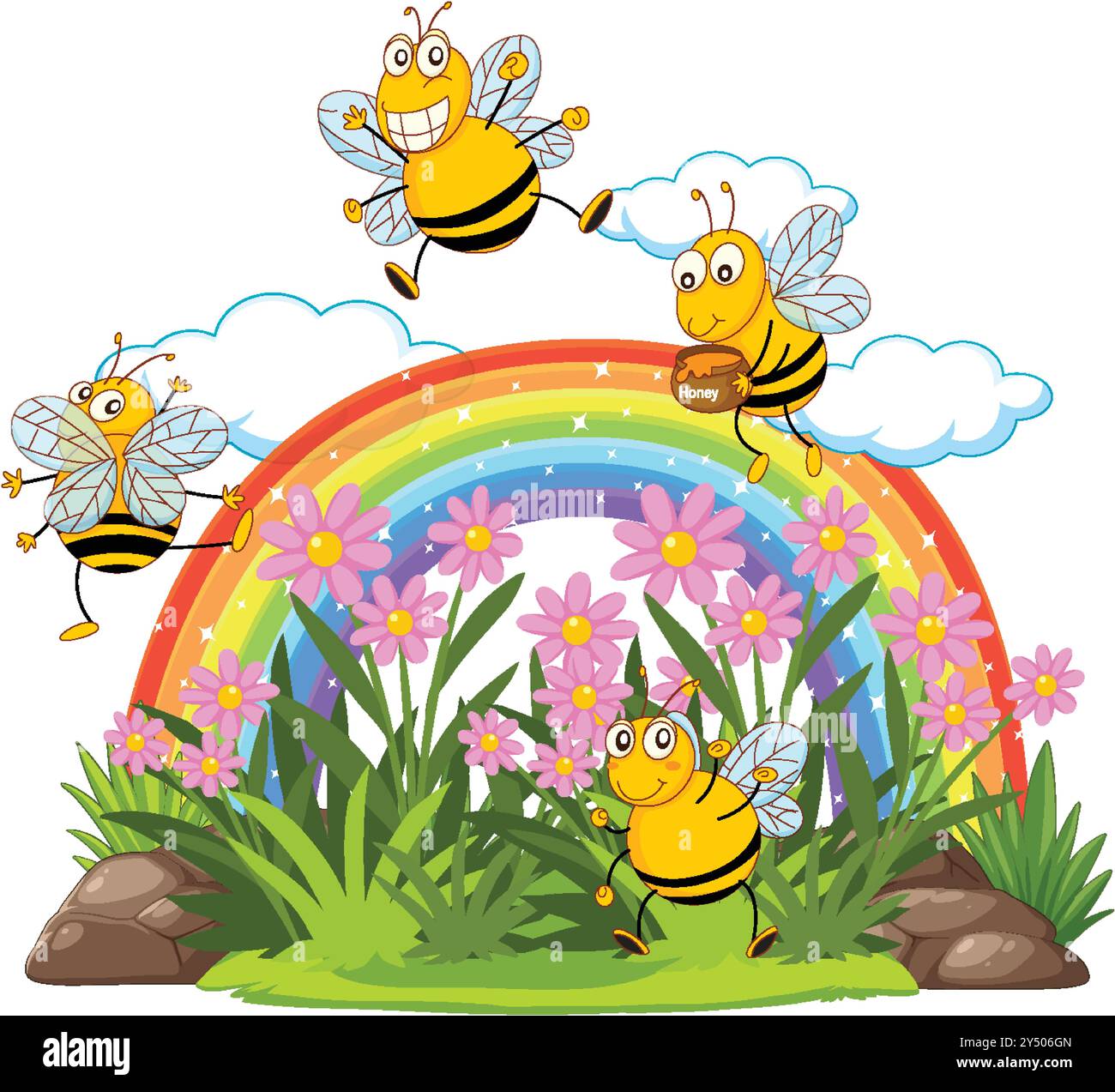 Bees flying over flowers and rainbow Stock Vector Image & Art - Alamy