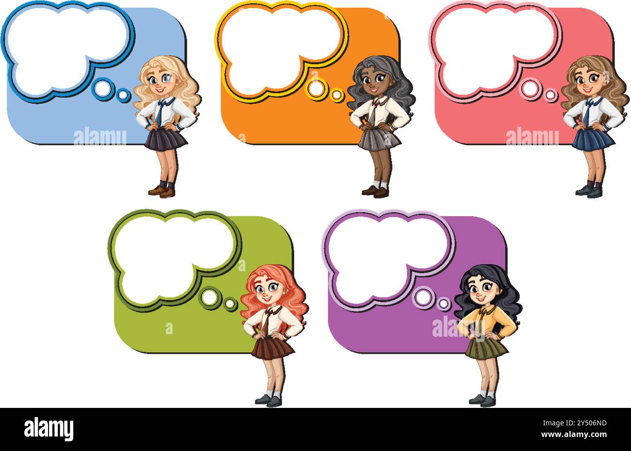 Five schoolgirls with colorful thought bubbles Stock Vector Image & Art ...