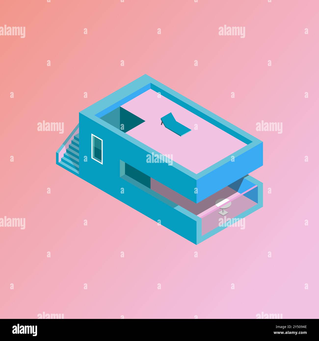 Isometric blue house with pink background features stairs, window ...