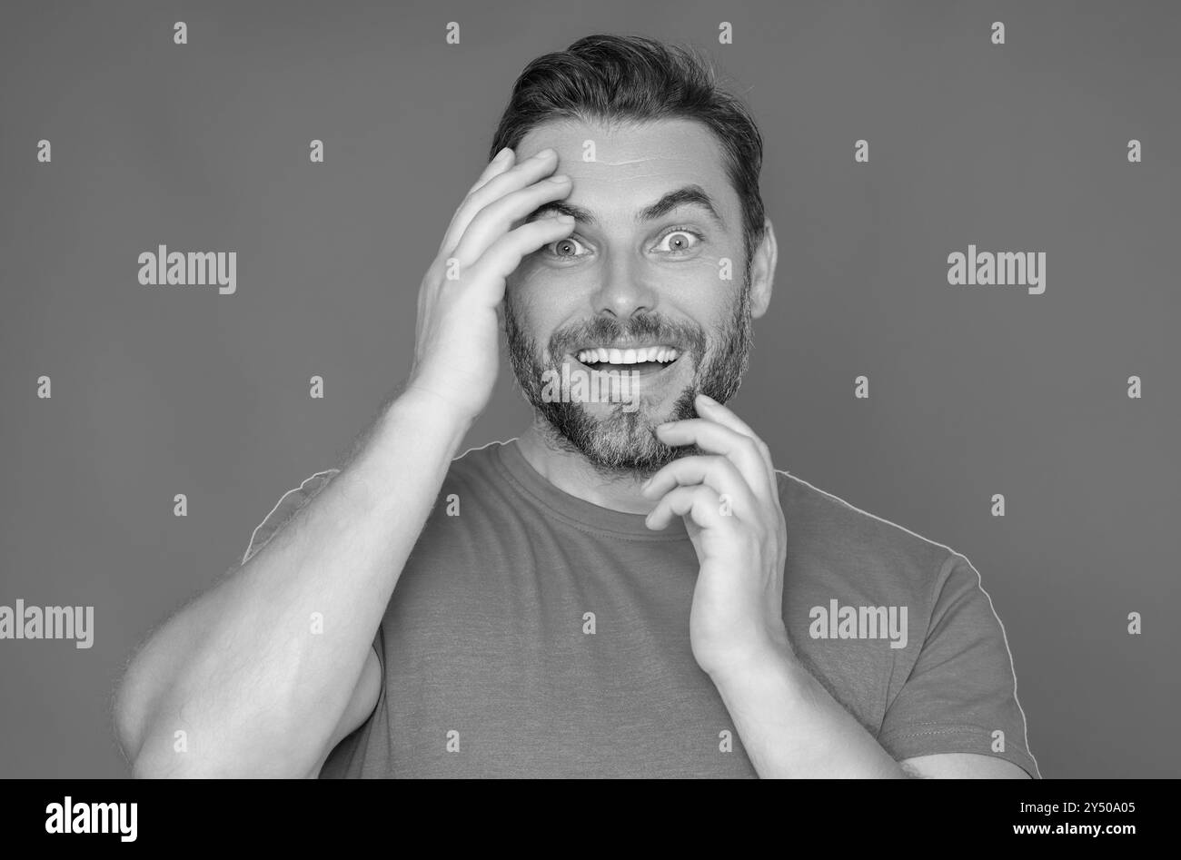 Emotional scared man looks with frightened expression, nervously ...