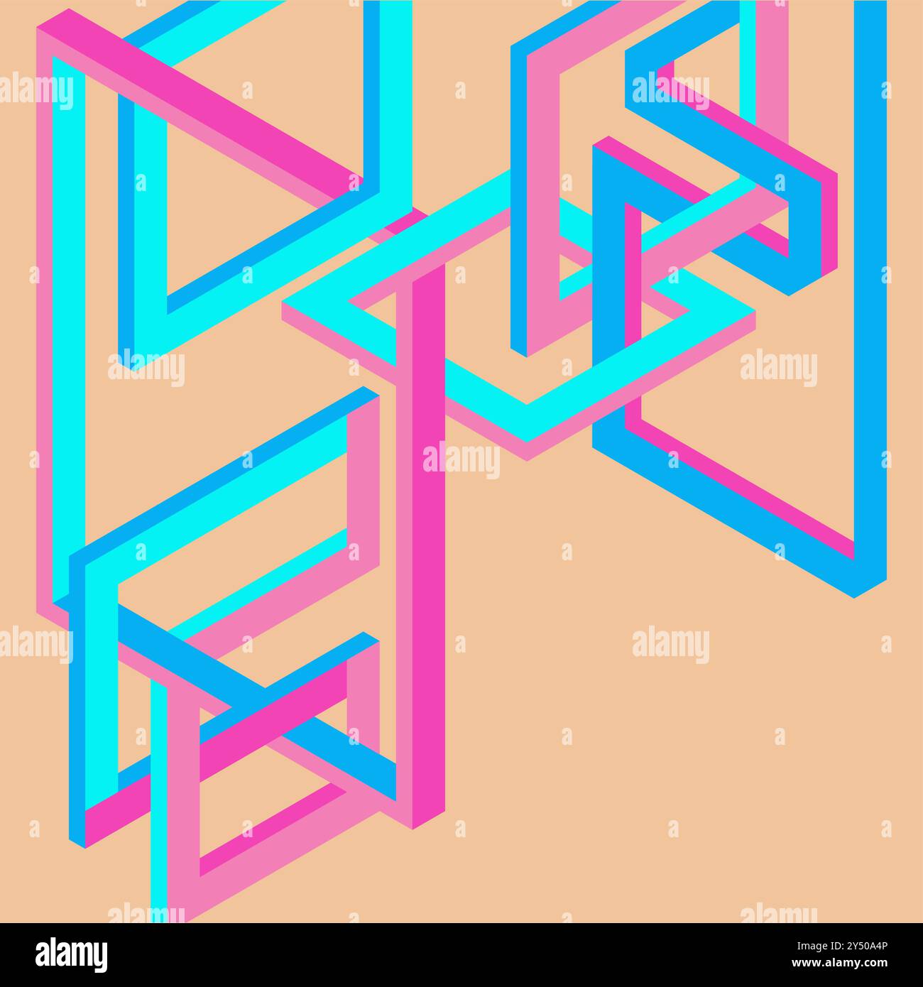 Interlocking blue and pink isometric shapes on beige background. Suitable for abstract ...