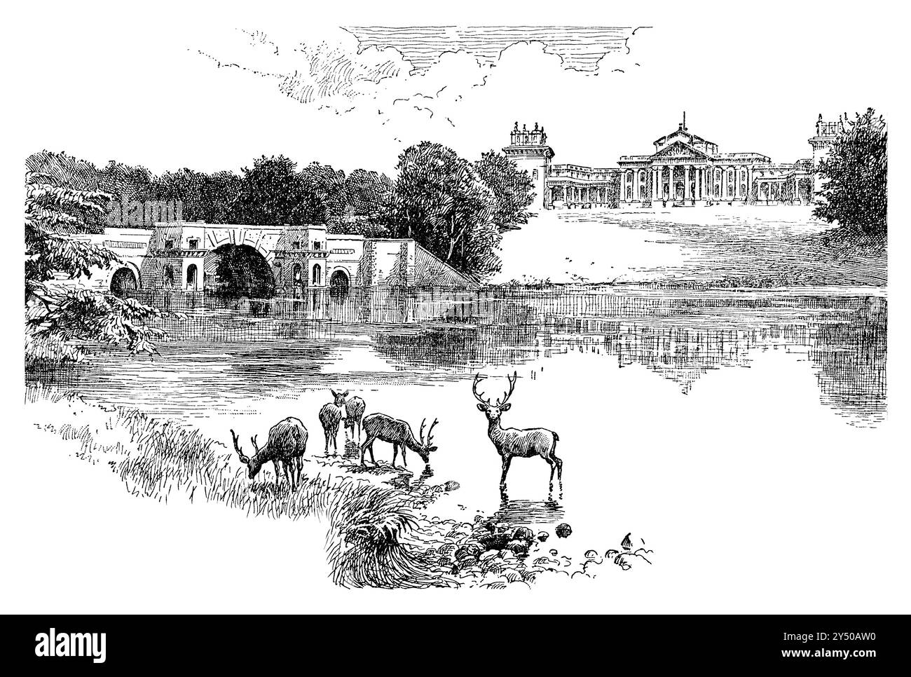 1891 illustration of the Grand Bridge and the south facade of Blenheim ...