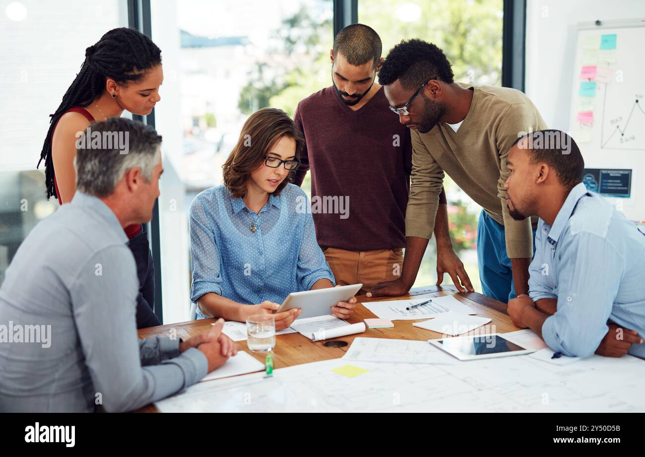 Group, architect and reading of tablet, blueprint and teamwork for ...
