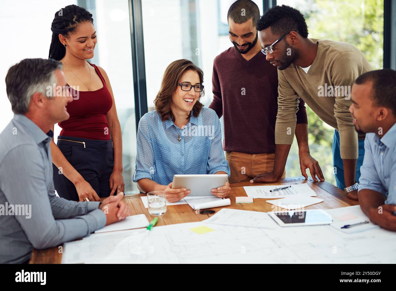 Laughing, architect and people with tablet, office and teamwork for ...