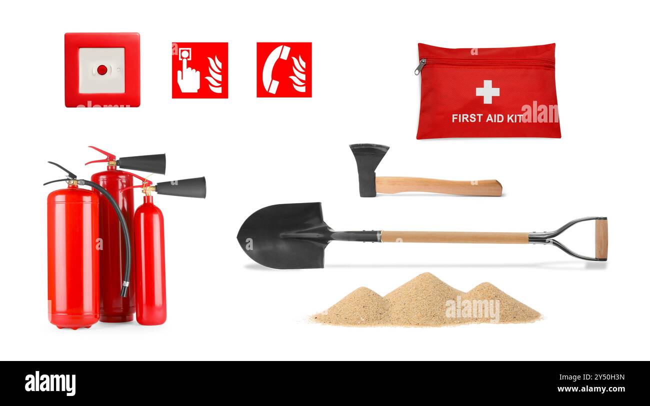 Collage with fire extinguishers and other firefighting equipment on ...