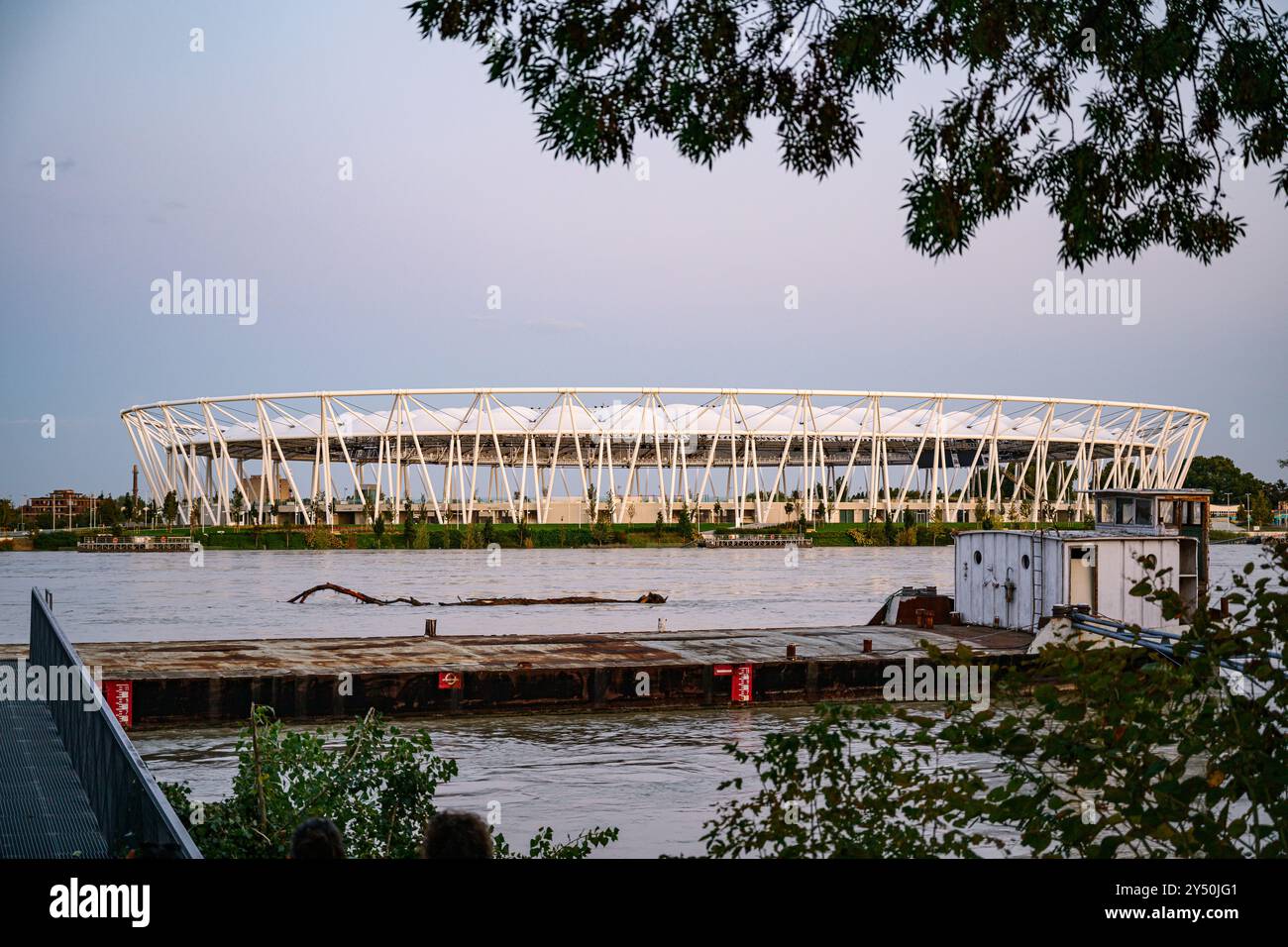 Raised Danube water level at the Athletic Statium at Budapest Stock ...