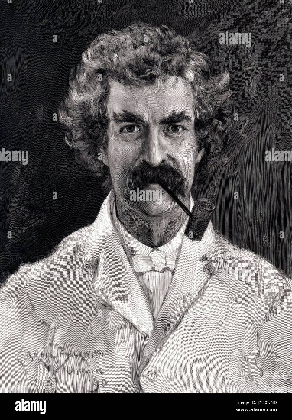 Illustration of Mark Twain by James Carroll Beckwith, black and white ...