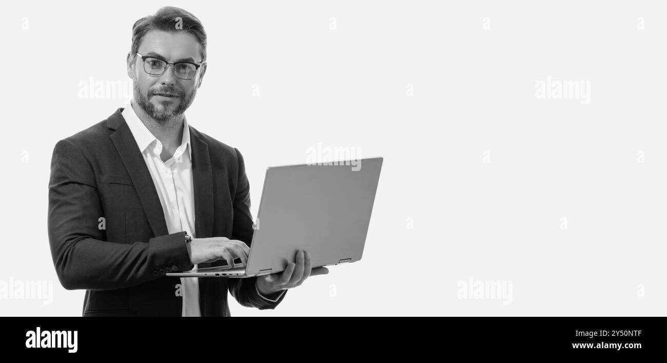 Business man using laptop. Male business man worker watch video on ...