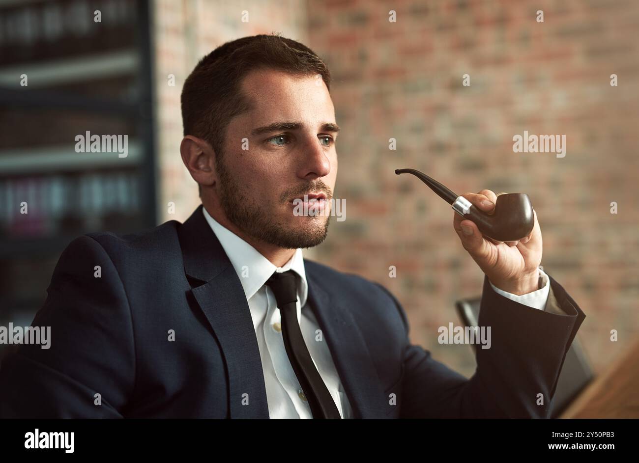 Business, man and office with smoking pipe in thinking on break for ...