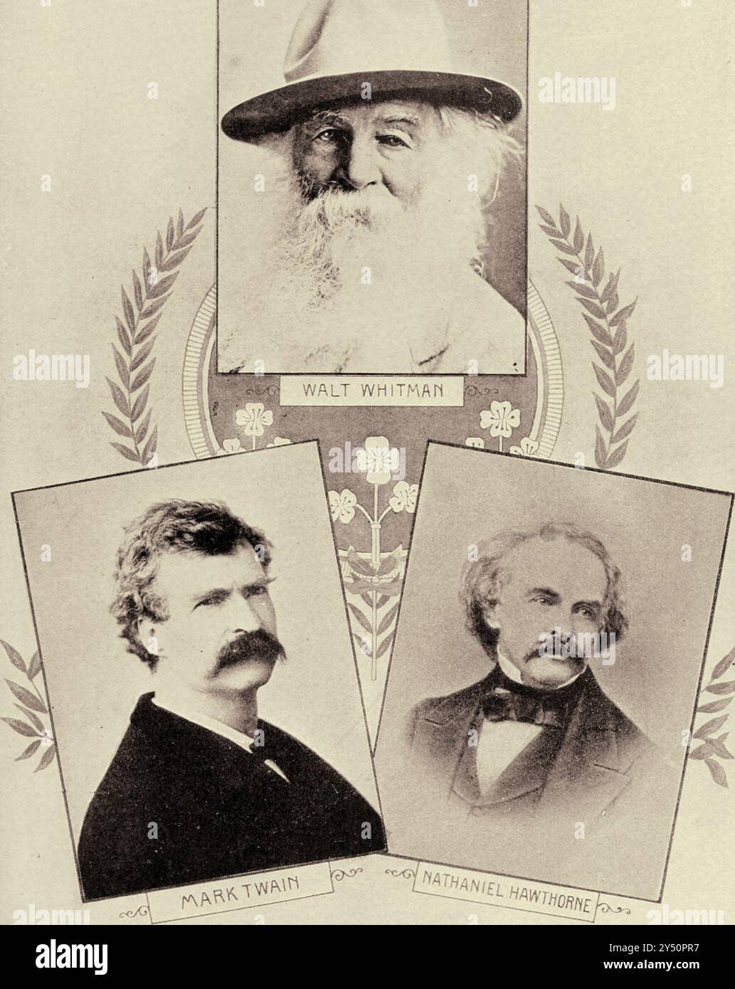 Walt Whitman, Mark Twain and Nathaniel Hawthorne, print from 1900 Stock ...