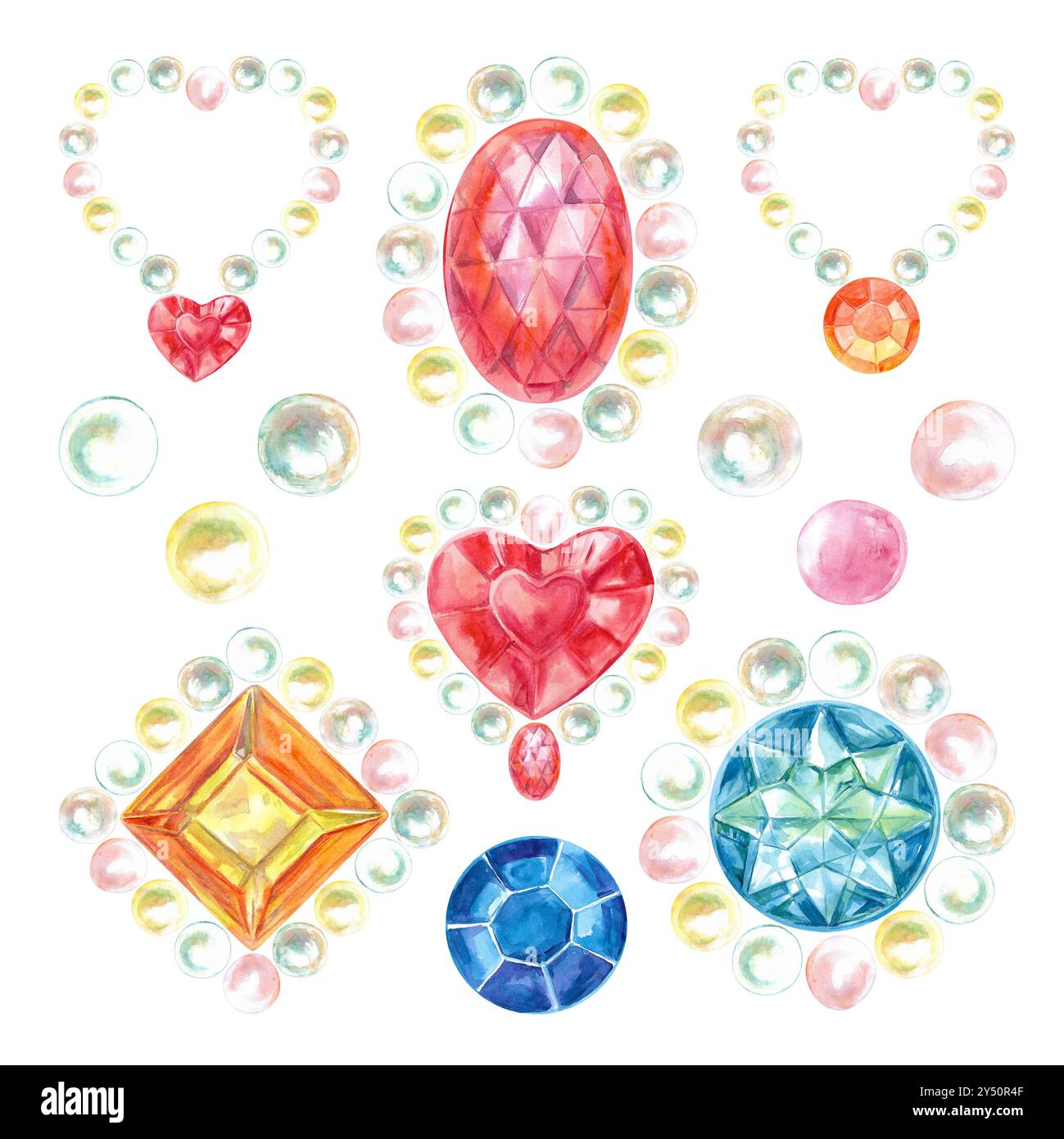 Gem compositions set of different shapes with pearls hand drawn in ...