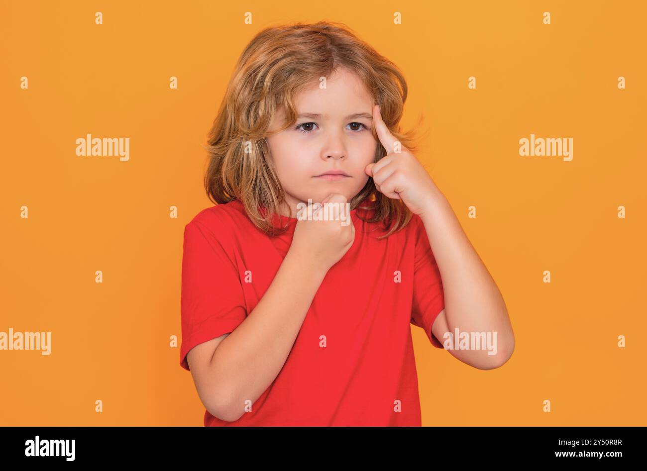 Little thinker. Kid have idea on yellow isolated background. Child ...