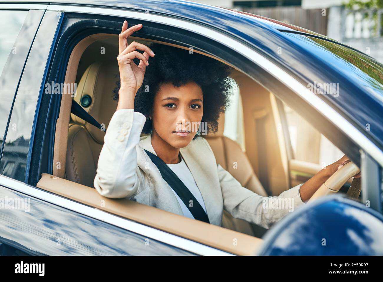 Woman, portrait and confidence to drive car for license, freedom to ...