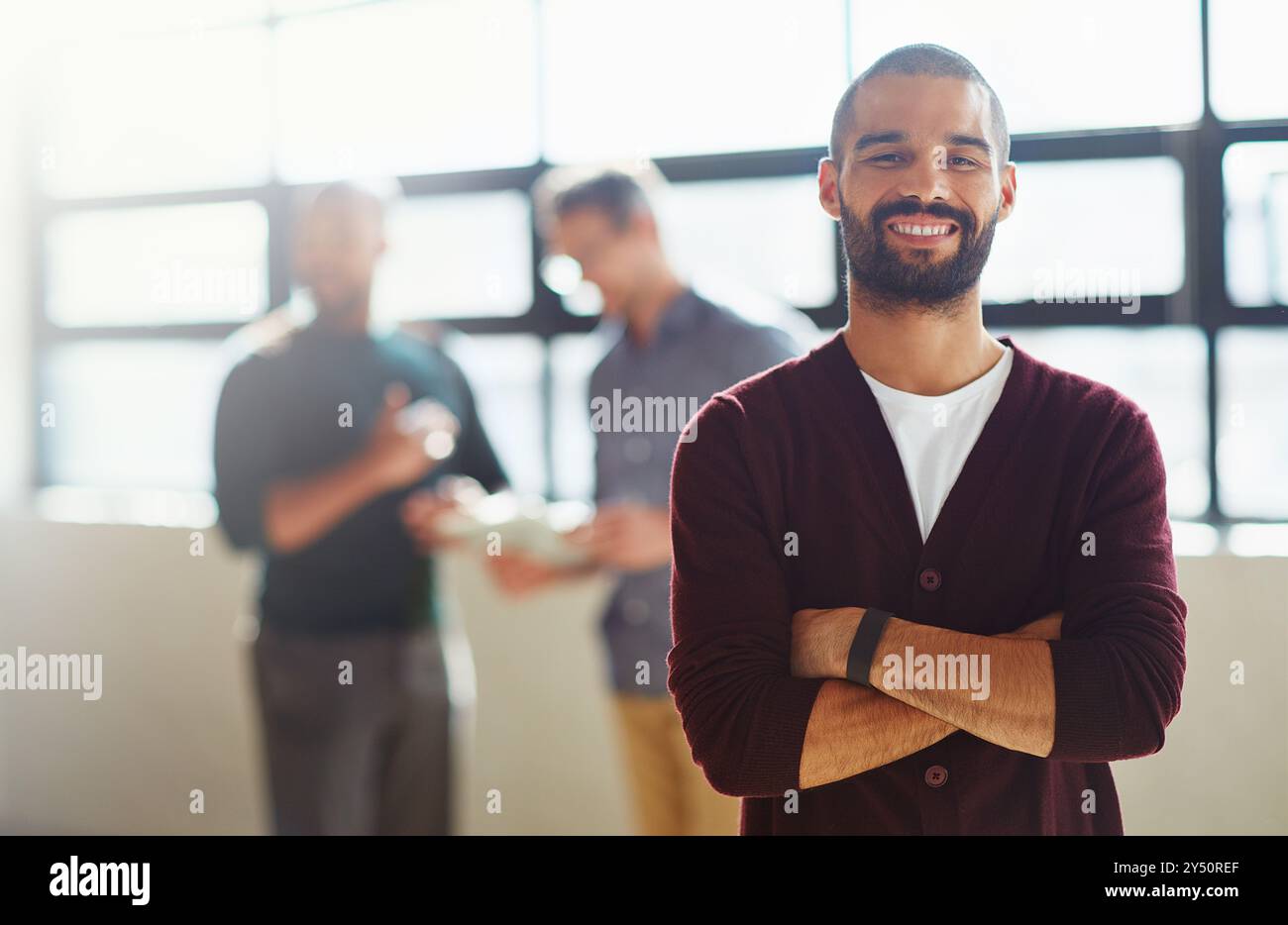 Portrait, smile and business man with arms crossed for career ...