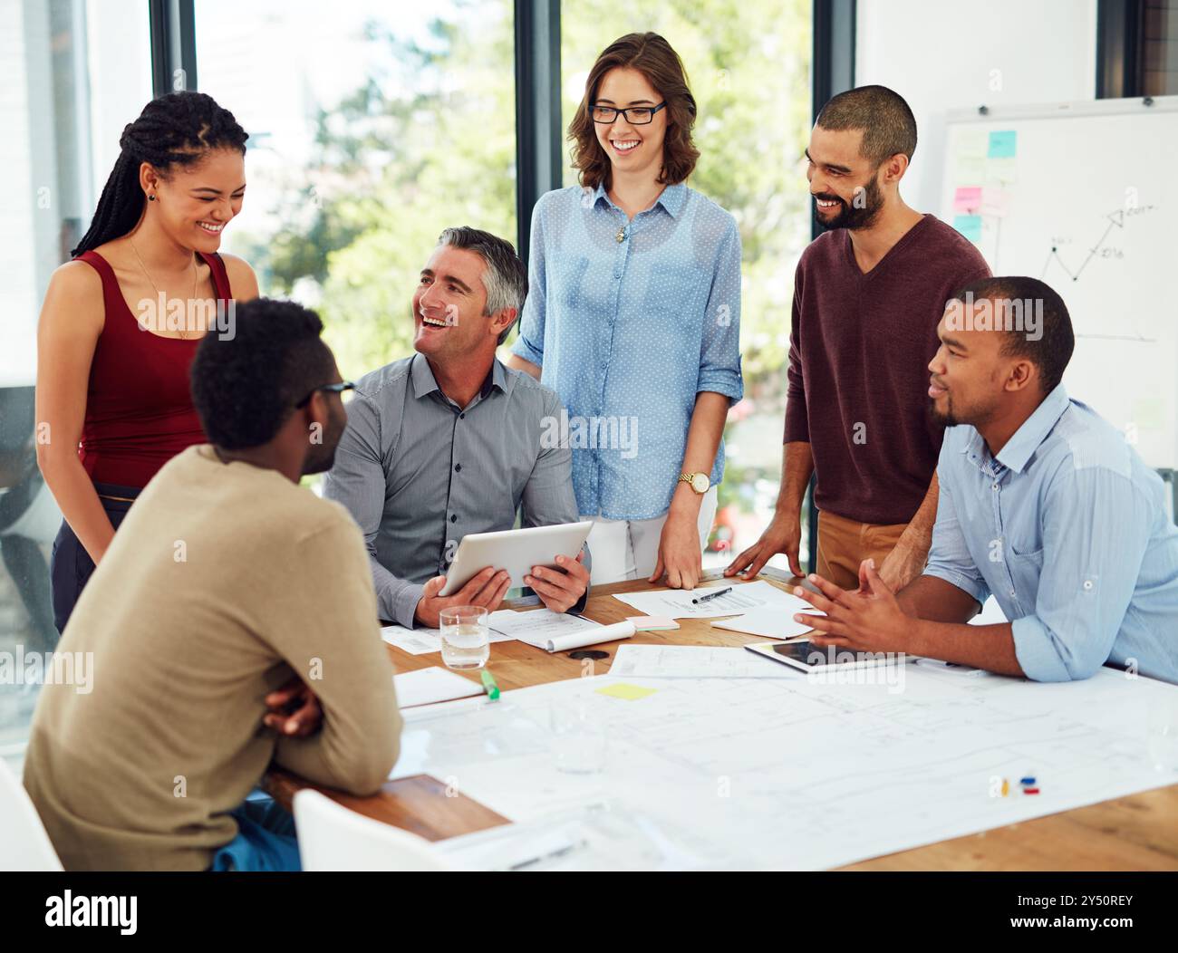 Group, architect and discussion for blueprint, tablet and teamwork for ...