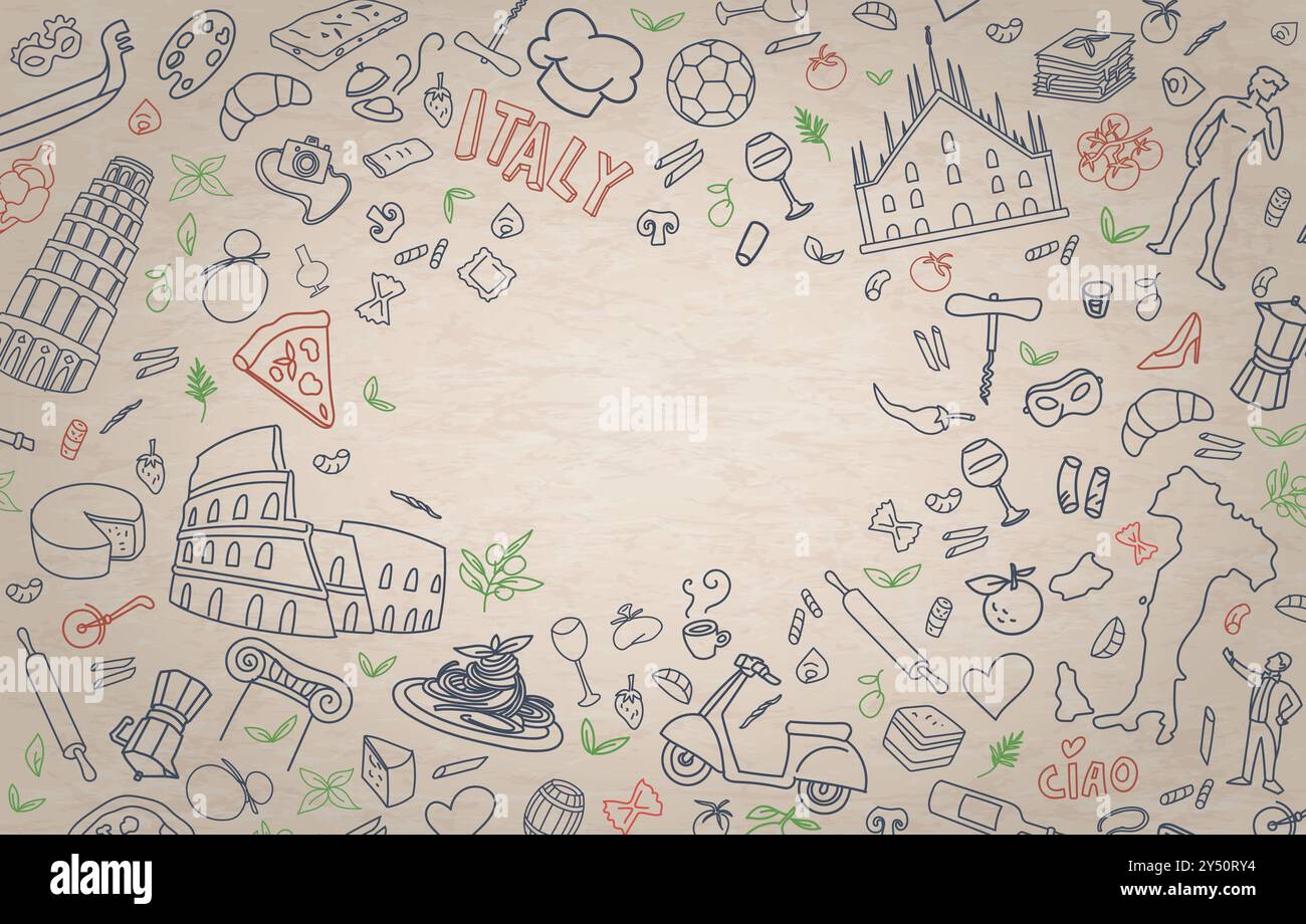 Italy Doodle Art Illustration. Hand Drawn Vector Clip Art. grunge ...