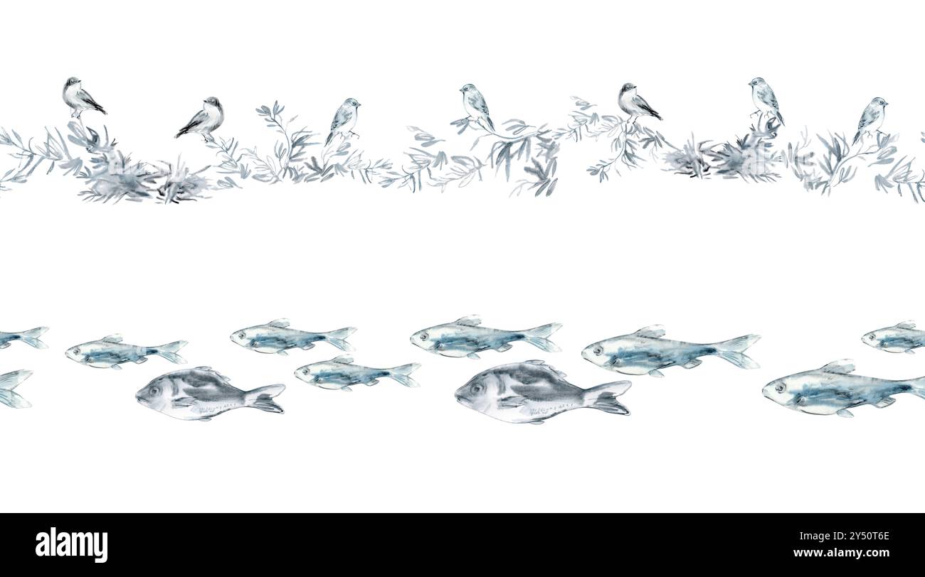 Set of seamless border of birds on a branch and fish. Watercolor ...