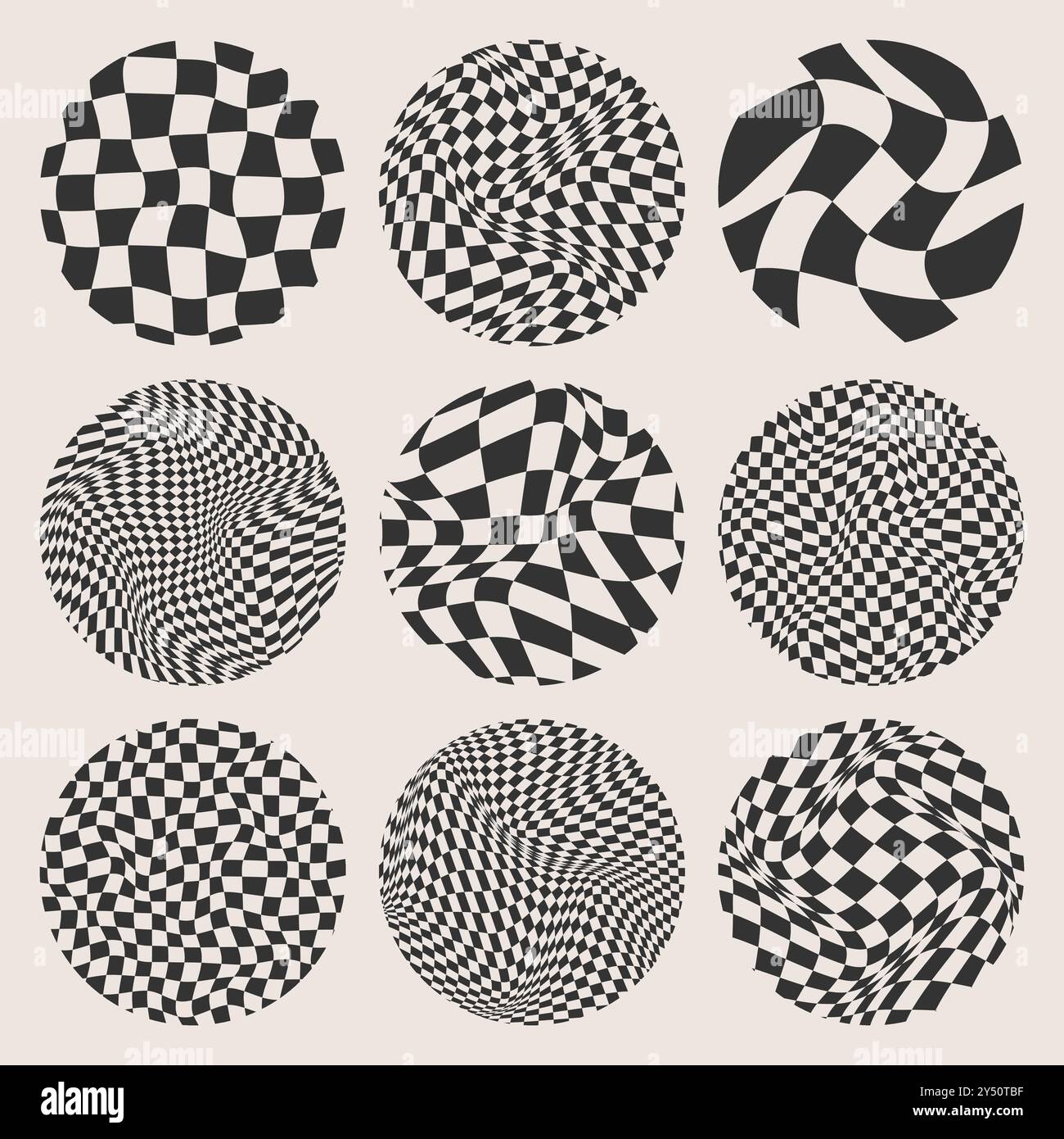 Trendy round checkered pattern, distorted tiled grid. Wavy curved ...