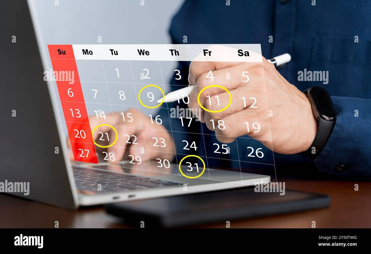 Businessman manages time for effective work. Calendar on the virtual ...
