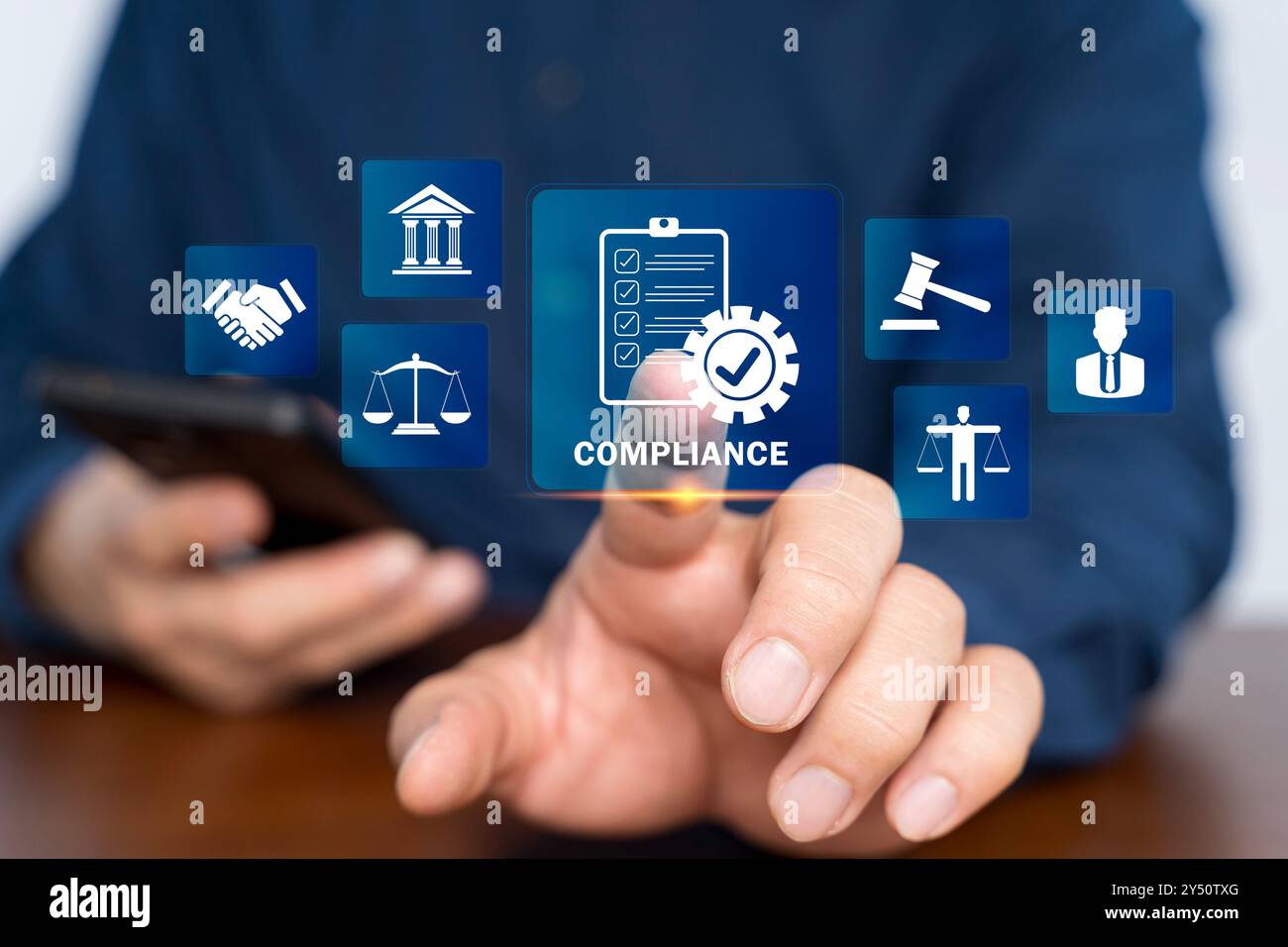 Compliance in business concept. Person use smartphone with compliance ...
