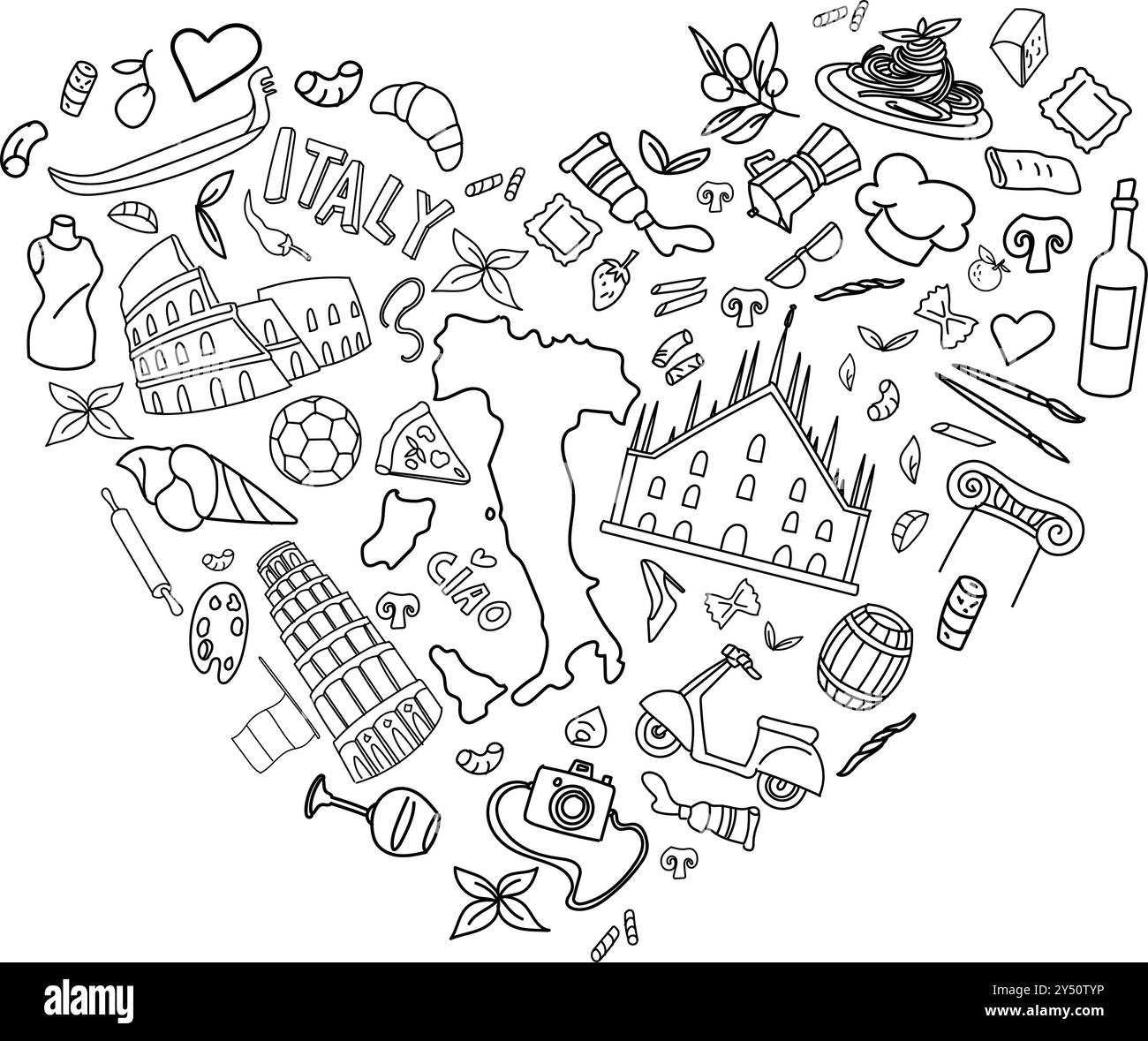Italy symbol on heart shape element Doodle Art Illustration. Hand Drawn ...