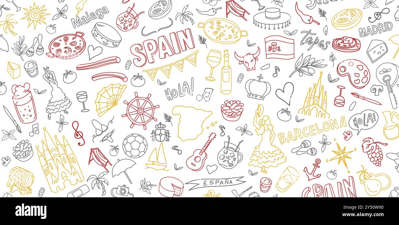 Spain Symbol Element Colorful Doodle Line Art Illustration. Hand Drawn ...
