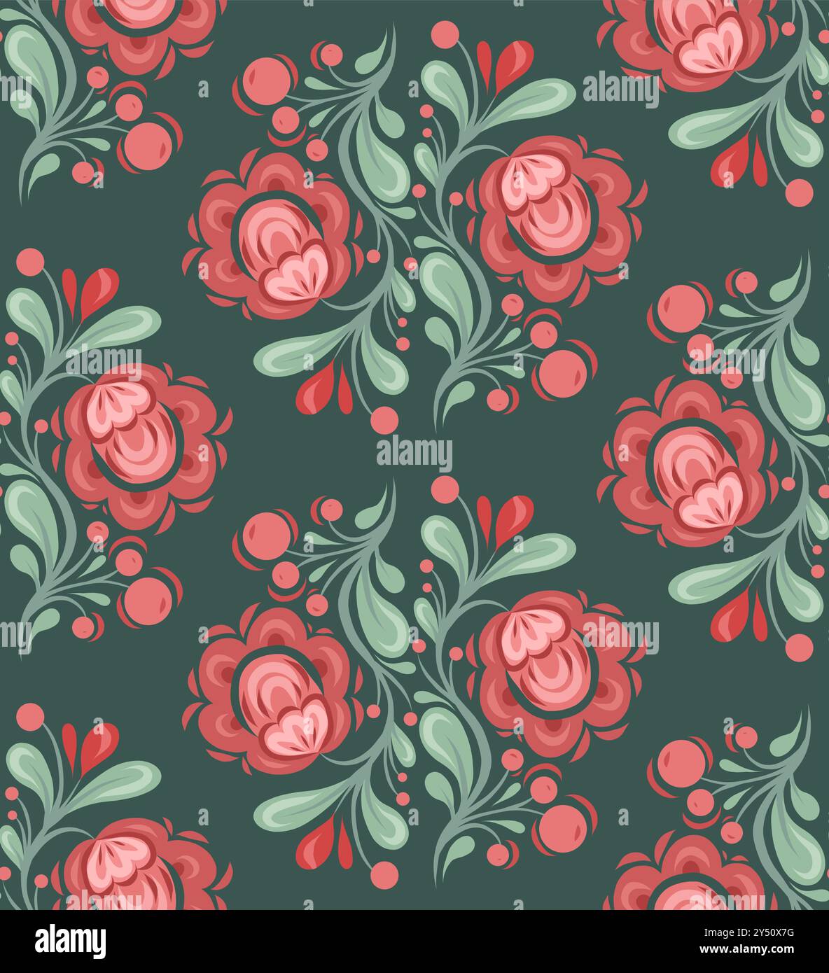 Vector decorative Slavic pattern with red flowers on green background ...