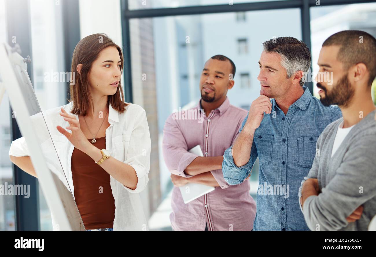 Business people, whiteboard and workshop for training, discussion and planning or mentorship ...