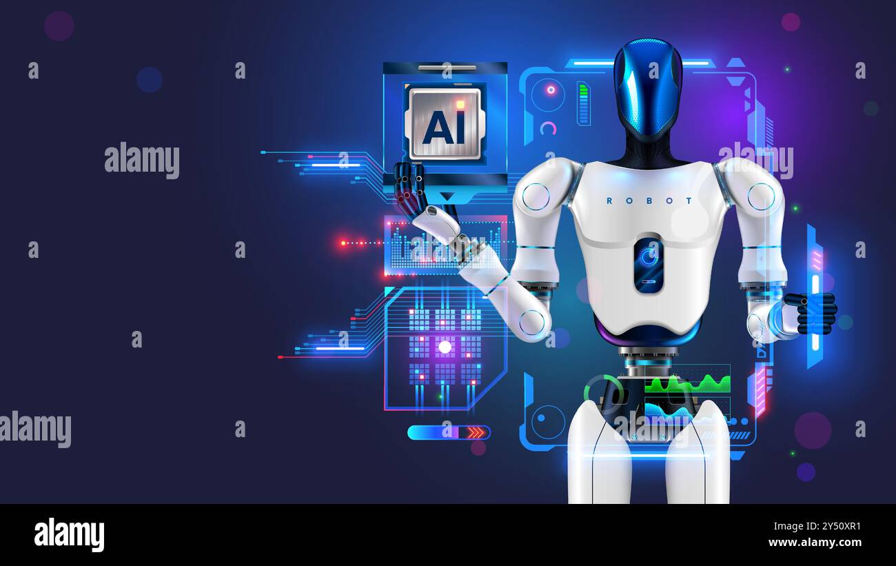 Humanoid Anthropomorphic Robot With Ai Or Artificial Intelligence Work With Virtual Interface 