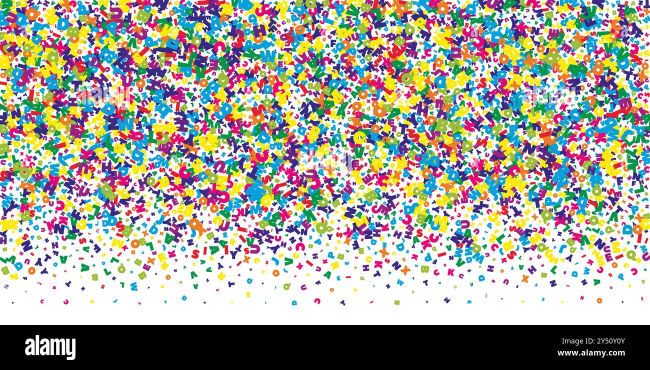 School notebook cover. Colorful childish floating letters of Latin ...