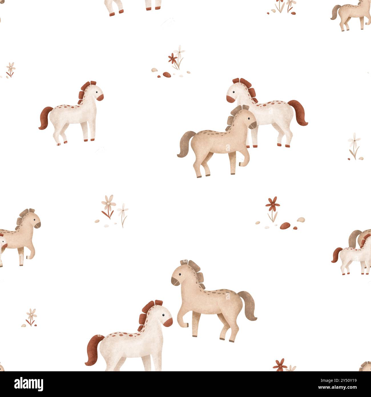 Seamless pattern with cute horse and flowers and stones in minimalist ...