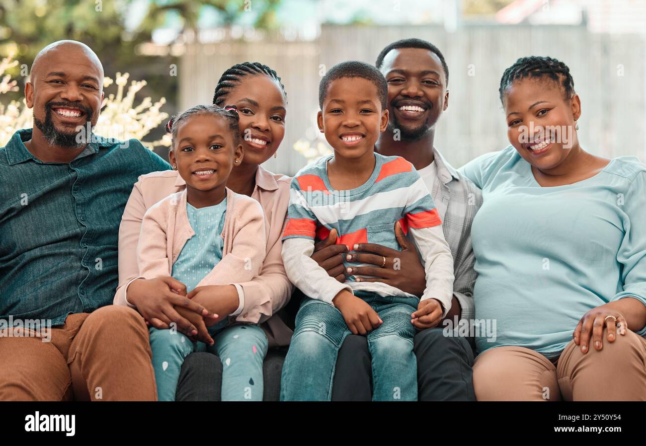 Portrait, happy African family and generations relax at backyard for ...