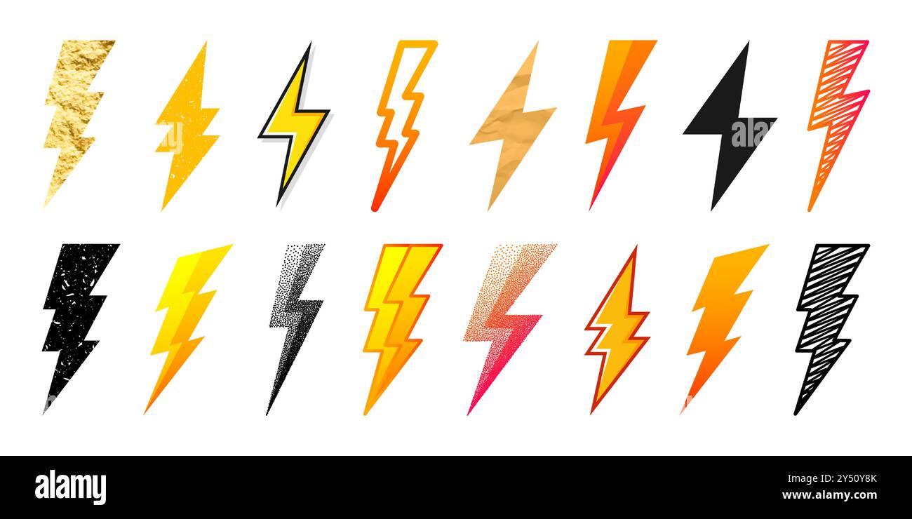 Lightning bolt icons collection. Golden, grunge, stippled, hand drawn ...