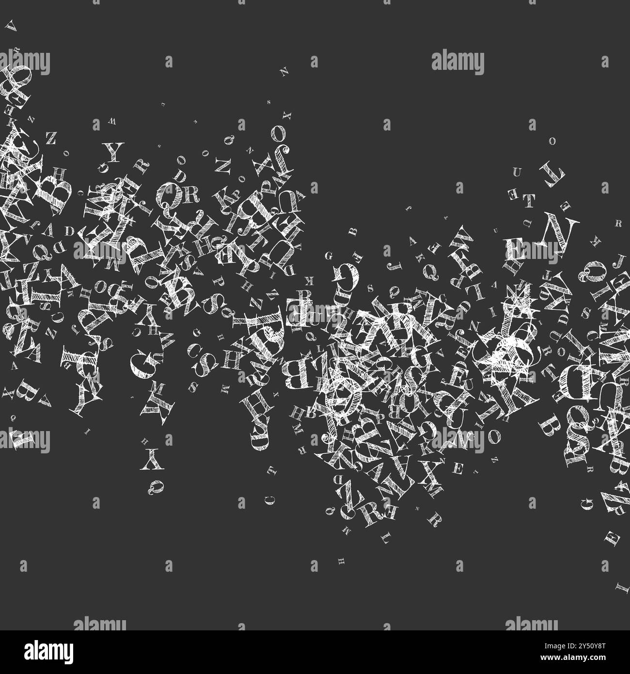 School notebook cover. White chalk floating letters of Latin alphabet ...