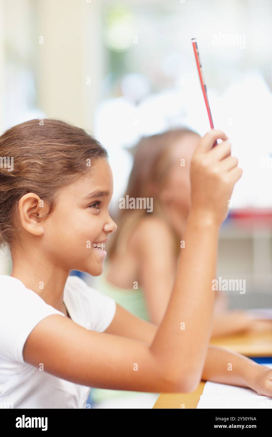 Question, girl and answer in classroom for education, assessment and ...