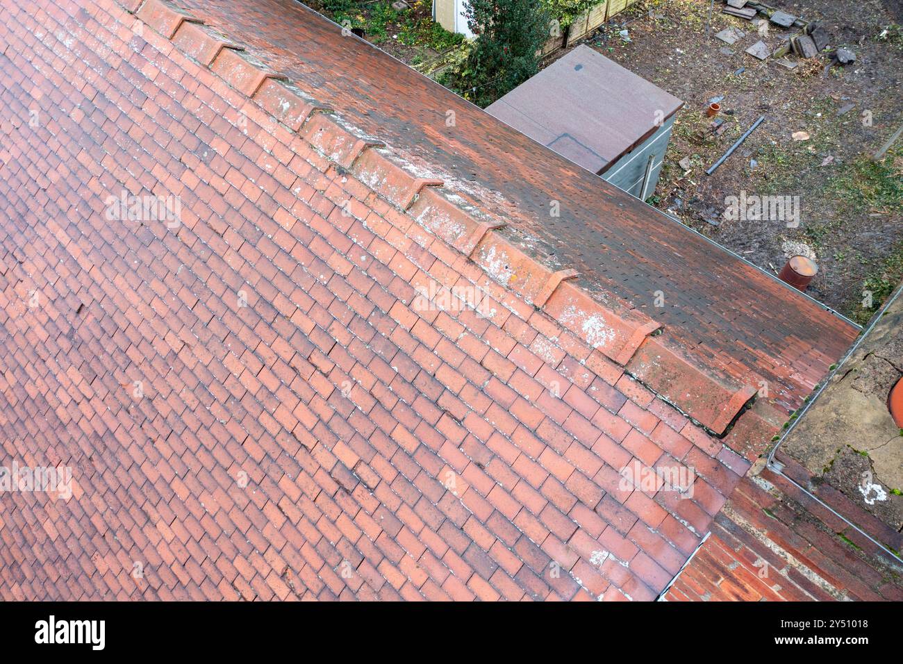 Aerial photo of a typical British terrace house in the UK showing the ...
