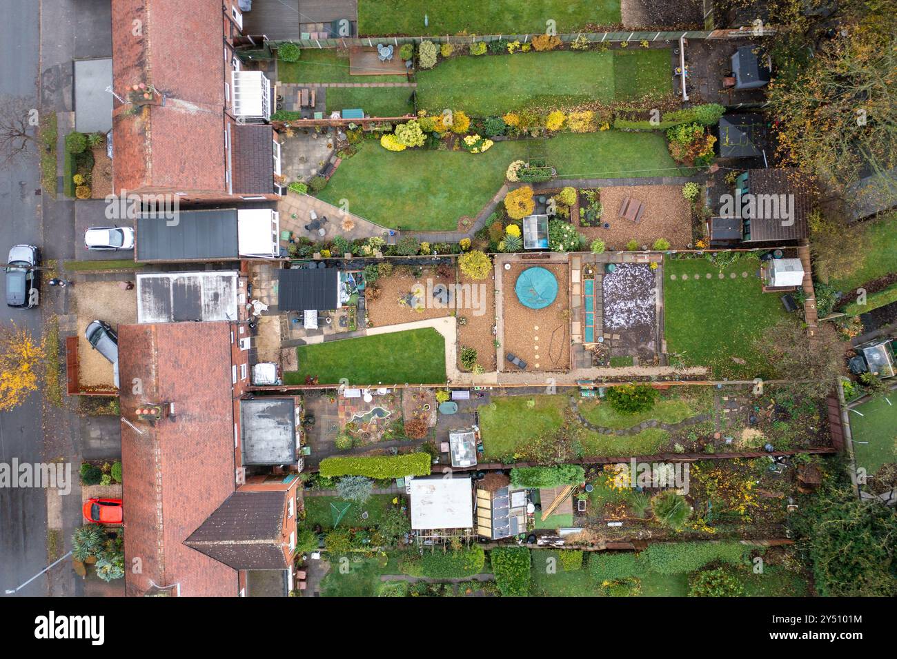 Aerial drone photo of a typical British terrace house in the UK showing ...