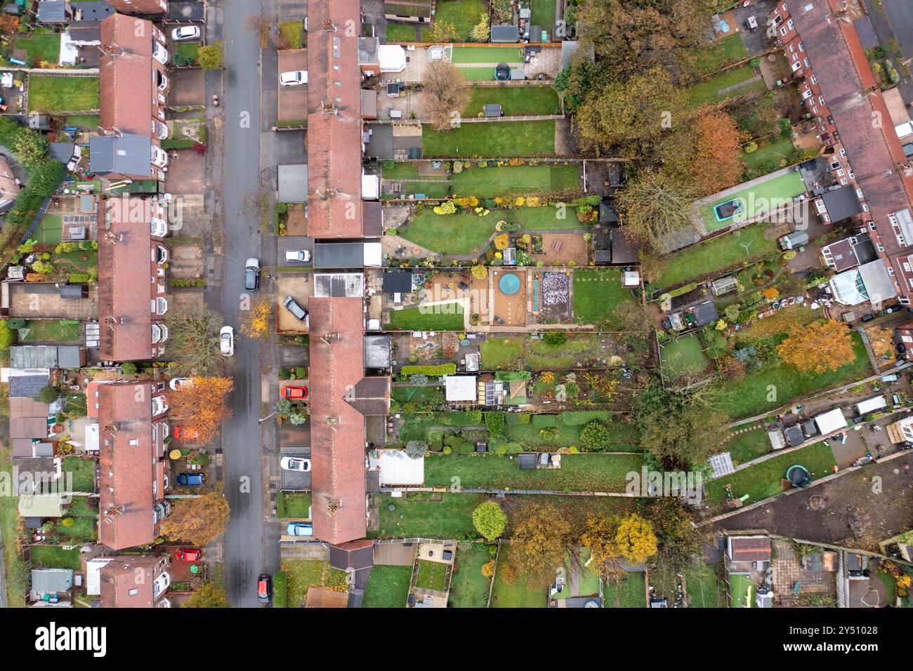 Aerial drone photo of a typical British terrace house in the UK showing ...
