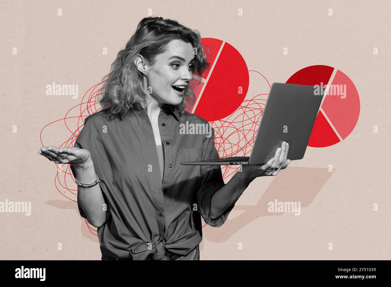 Creative poster collage of young woman netbook graph diagram data ...